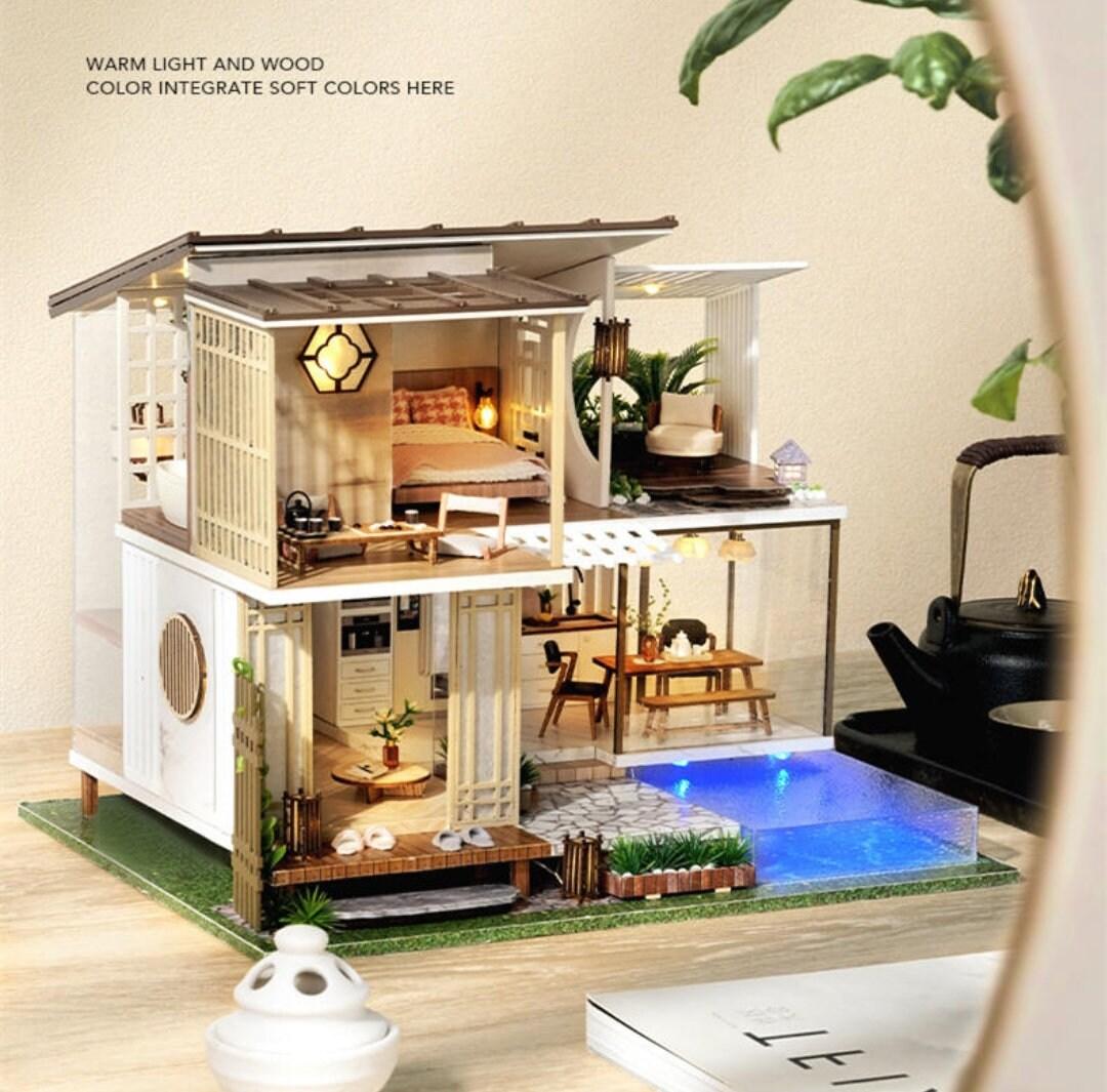 Japanese Style DIY Dollhouse Kit Miniature With Swimming Pool Duplex H ...